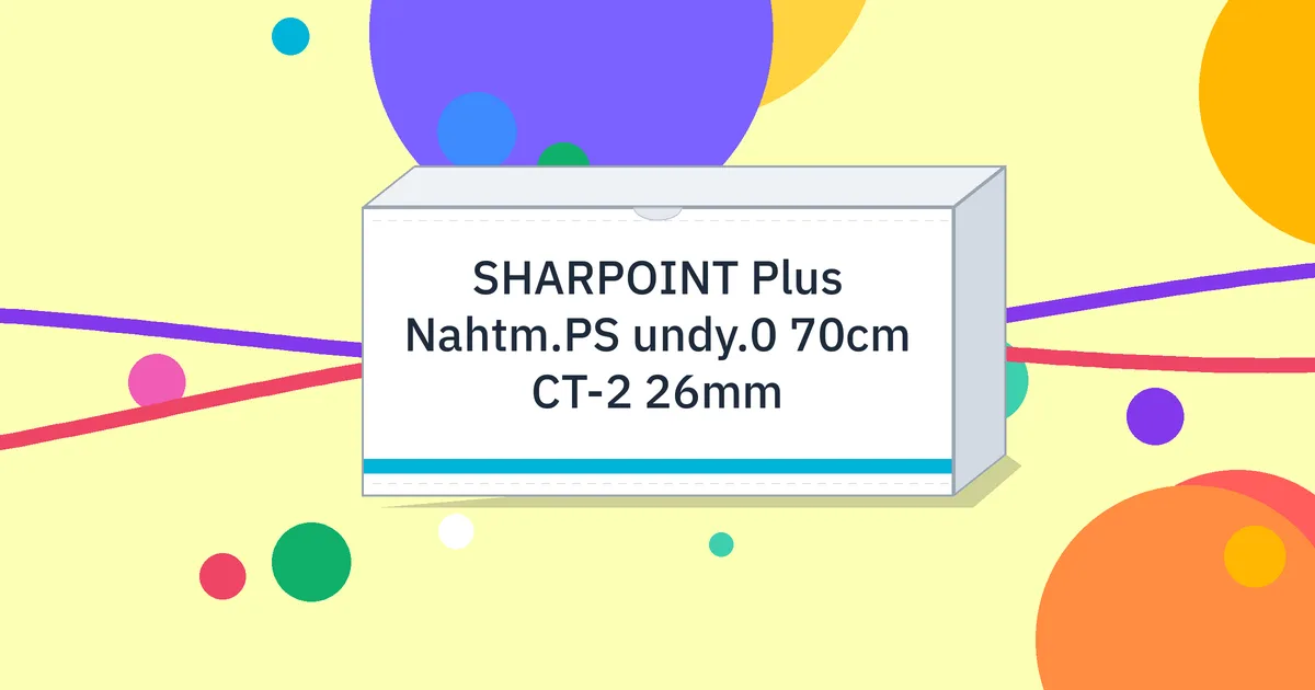 Symbolbild: Packung mit der Aufschrift SHARPOINT Plus Nahtm.PS undy.0 70cm CT-2 26mm (PZN 17995671) – Verfügbarkeit und Bezug in Apotheken in Frankfurt am Main