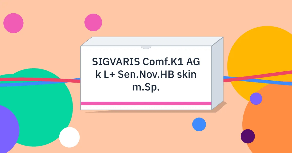 Symbolbild: Packung mit der Aufschrift SIGVARIS Comf.K1 AG k L+ Sen.Nov.HB skin m.Sp. (PZN 17102880) – Verfügbarkeit und Bezug in Apotheken in Frankfurt am Main