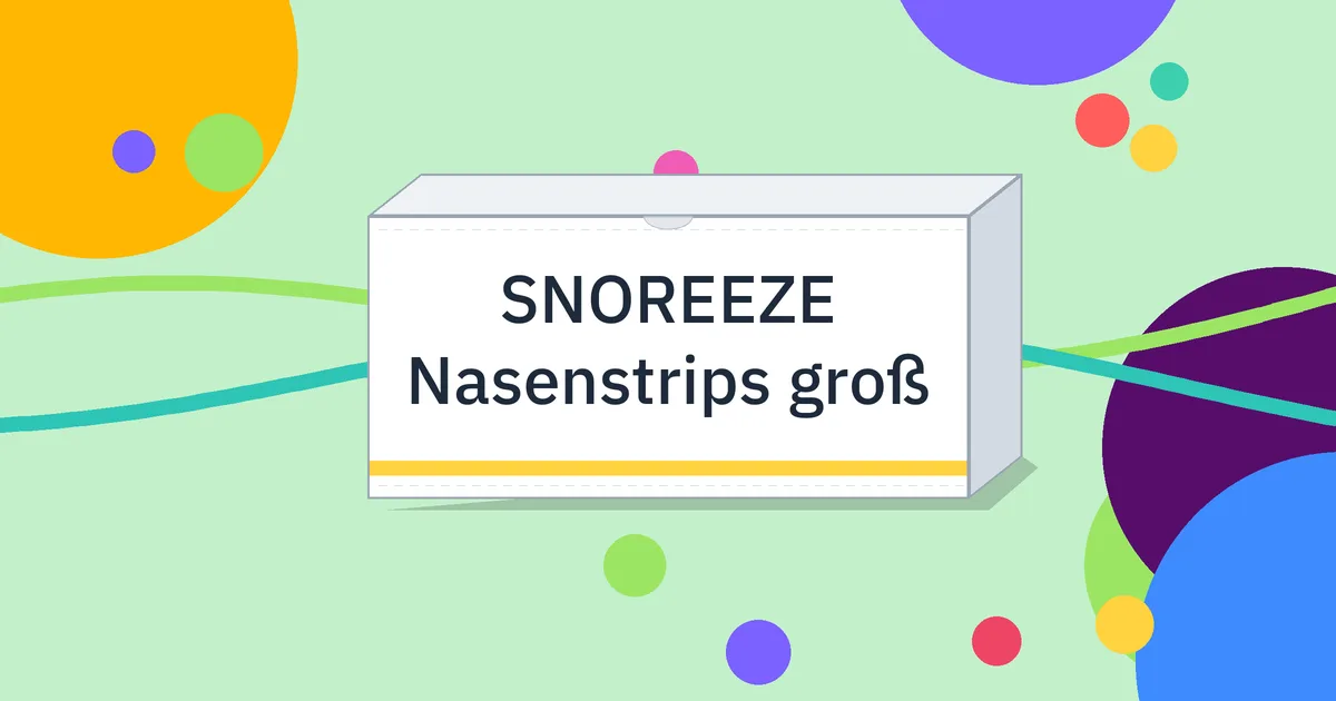 Symbolbild: Packung mit der Aufschrift SNOREEZE Nasenstrips groß (PZN 20201628) – Verfügbarkeit und Bezug in Apotheken in Frankfurt am Main