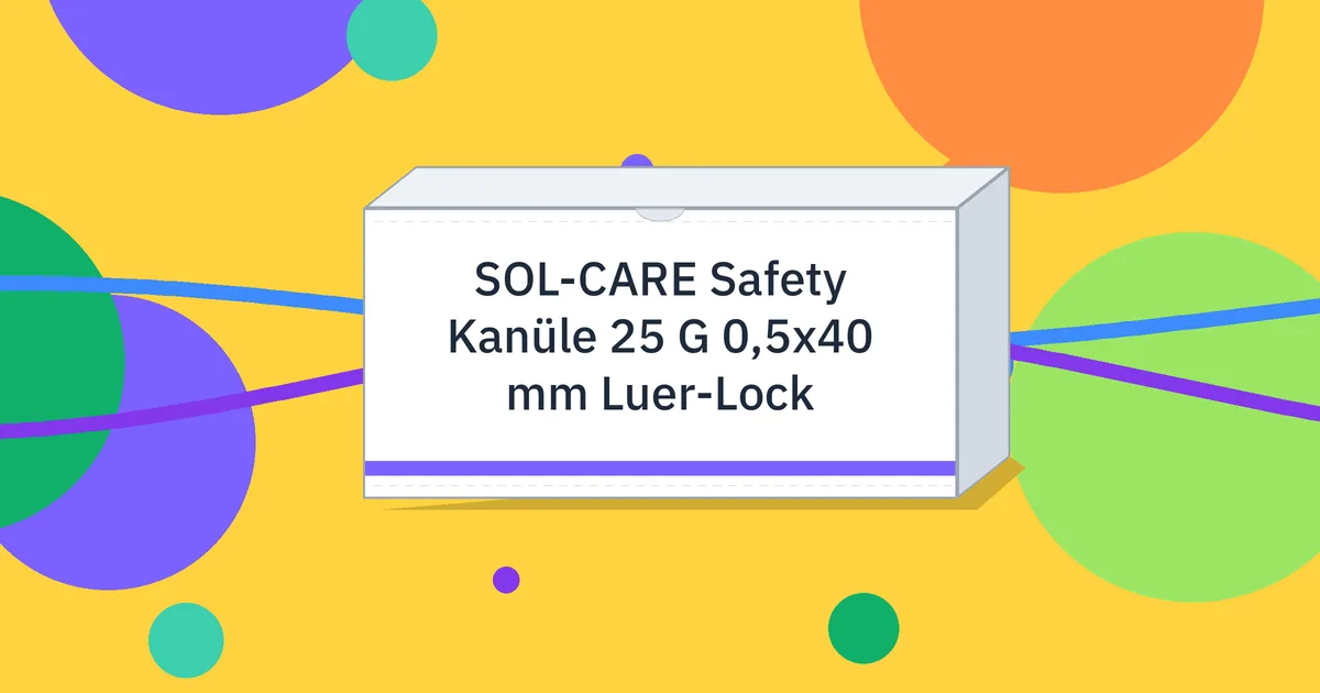 Symbolbild: Packung mit der Aufschrift SOL-CARE Safety Kanüle 25 G 0,5x40 mm Luer-Lock (PZN 20328205) – Verfügbarkeit und Bezug in Apotheken in Frankfurt am Main