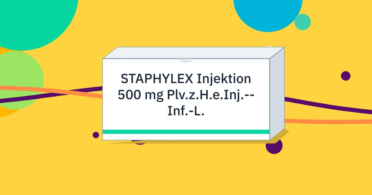 Symbolbild: Packung mit der Aufschrift STAPHYLEX Injektion 500 mg Plv.z.H.e.Inj.--Inf.-L. (PZN 08630485) – Verfügbarkeit und Bezug in Apotheken in Frankfurt am Main