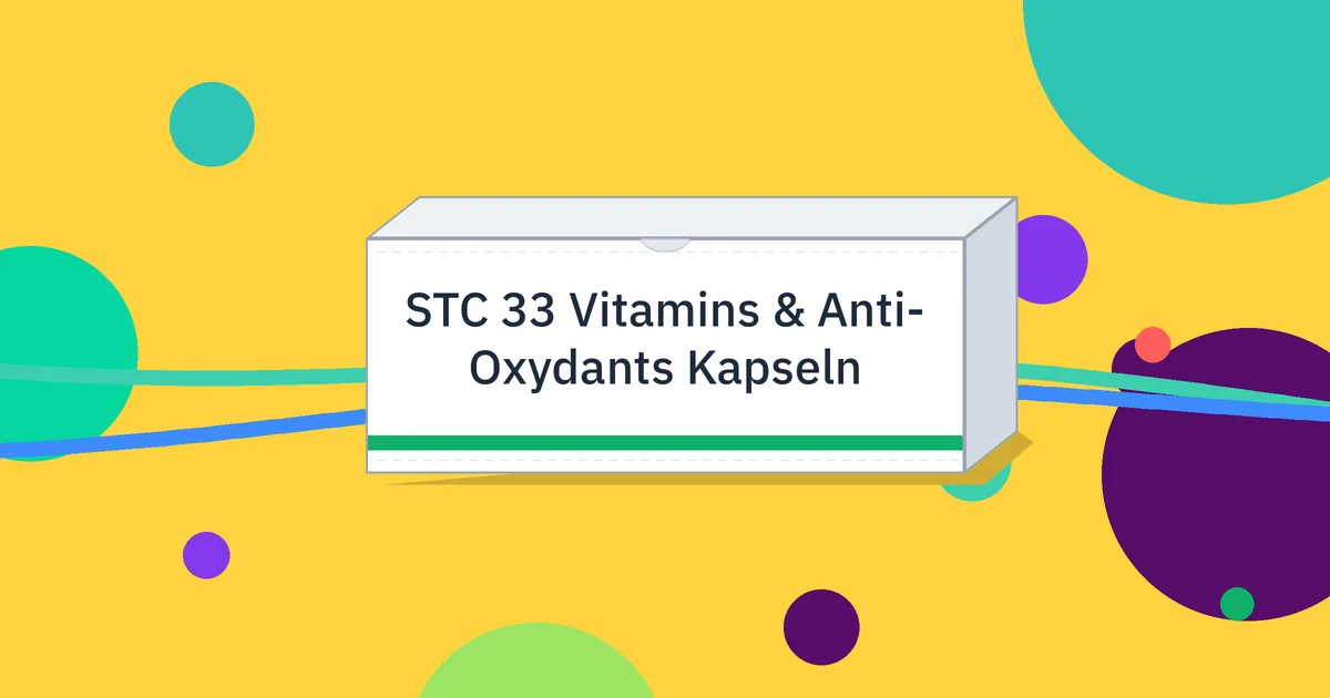 Symbolbild: Packung mit der Aufschrift STC 33 Vitamins & Anti-Oxydants Kapseln (PZN 15392307) – Verfügbarkeit und Bezug in Apotheken in Frankfurt am Main