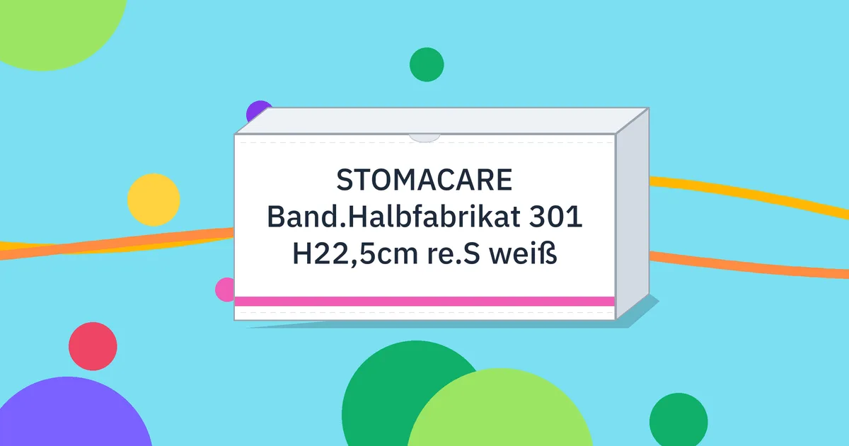 Symbolbild: Packung mit der Aufschrift STOMACARE Band.Halbfabrikat 301 H22,5cm re.S weiß (PZN 09109187) – Verfügbarkeit und Bezug in Apotheken in Frankfurt am Main