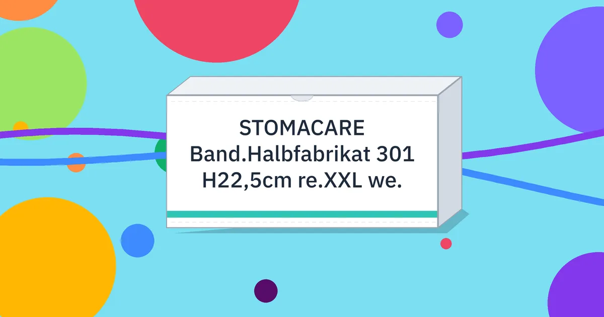 Symbolbild: Packung mit der Aufschrift STOMACARE Band.Halbfabrikat 301 H22,5cm re.XXL we. (PZN 03414009) – Verfügbarkeit und Bezug in Apotheken in Frankfurt am Main