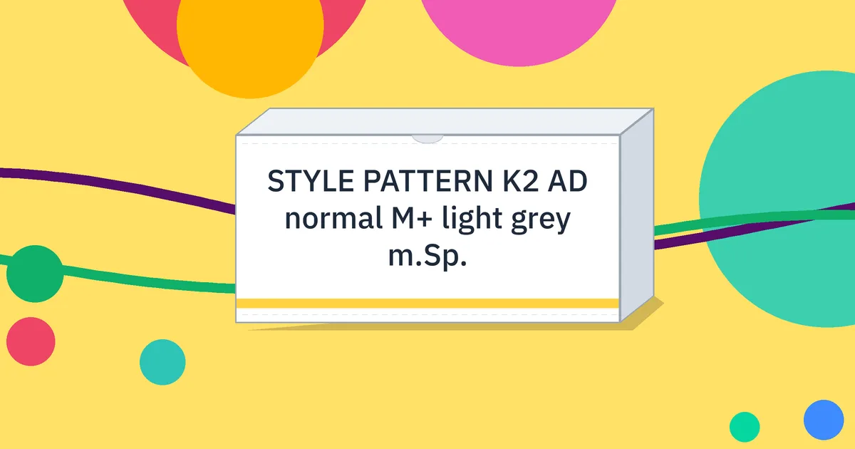 Symbolbild: Packung mit der Aufschrift STYLE PATTERN K2 AD normal M+ light grey m.Sp. (PZN 19695111) – Verfügbarkeit und Bezug in Apotheken in Frankfurt am Main