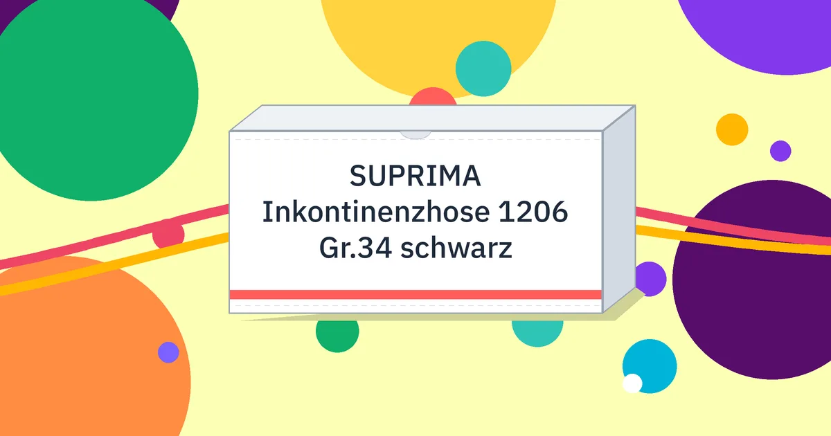 Symbolbild: Packung mit der Aufschrift SUPRIMA Inkontinenzhose 1206 Gr.34 schwarz (PZN 01514132) – Verfügbarkeit und Bezug in Apotheken in Frankfurt am Main