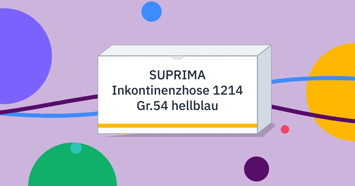 Symbolbild: Packung mit der Aufschrift SUPRIMA Inkontinenzhose 1214 Gr.54 hellblau (PZN 03027531) – Verfügbarkeit und Bezug in Apotheken in Frankfurt am Main
