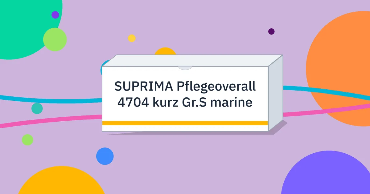 Symbolbild: Packung mit der Aufschrift SUPRIMA Pflegeoverall 4704 kurz Gr.S marine (PZN 12668306) – Verfügbarkeit und Bezug in Apotheken in Frankfurt am Main