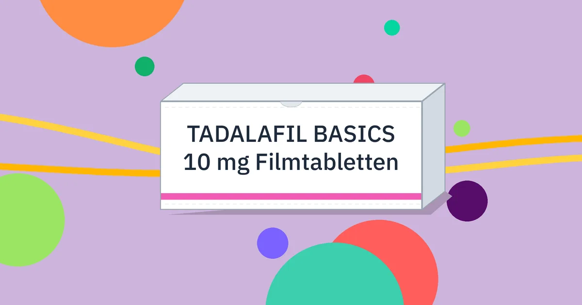 Symbolbild: Packung mit der Aufschrift TADALAFIL BASICS 10 mg Filmtabletten (PZN 14130930) – Verfügbarkeit und Bezug in Apotheken in Frankfurt am Main