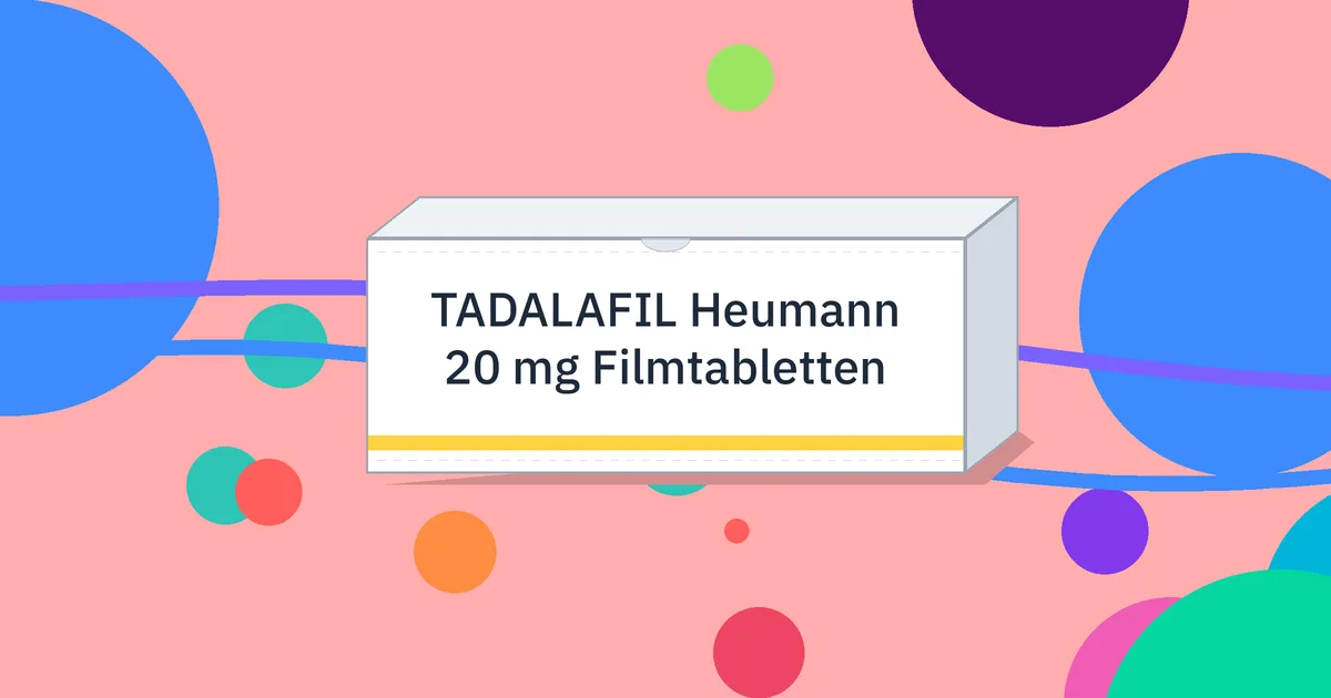 Symbolbild: Packung mit der Aufschrift TADALAFIL Heumann 20 mg Filmtabletten (PZN 12894379) – Verfügbarkeit und Bezug in Apotheken in Frankfurt am Main