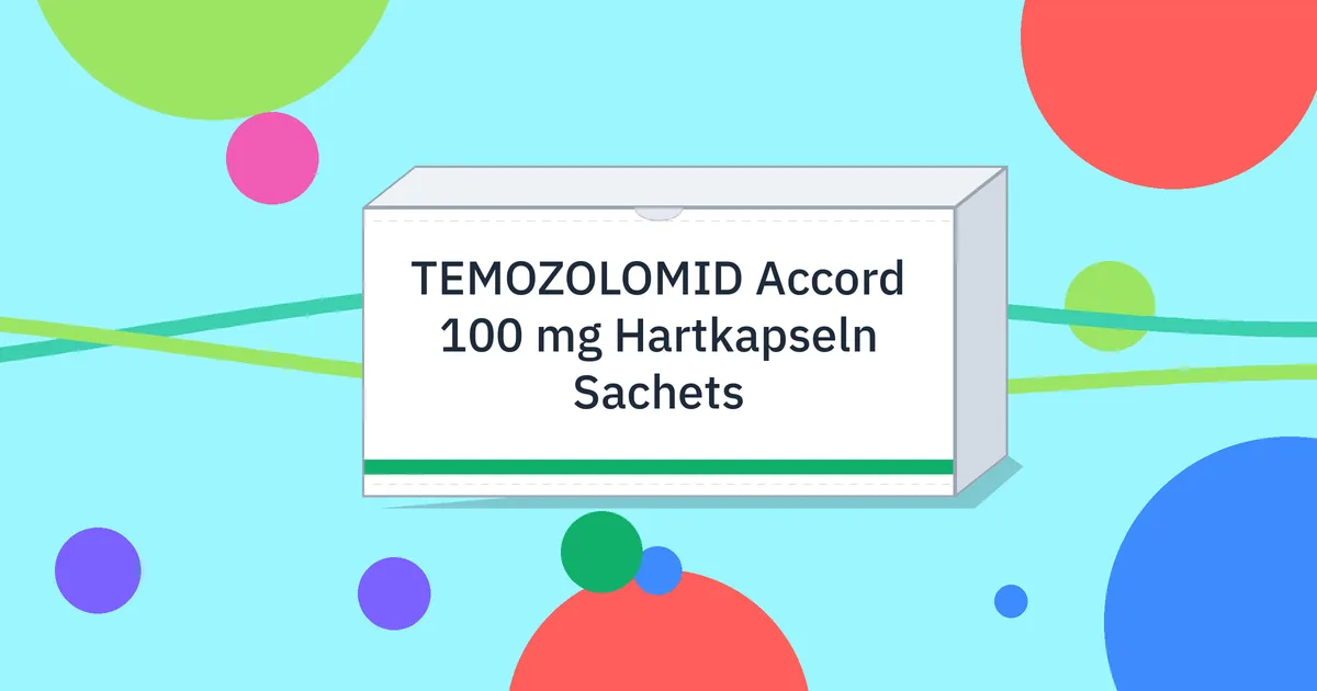 Symbolbild: Packung mit der Aufschrift TEMOZOLOMID Accord 100 mg Hartkapseln Sachets (PZN 16633084) – Verfügbarkeit und Bezug in Apotheken in Frankfurt am Main