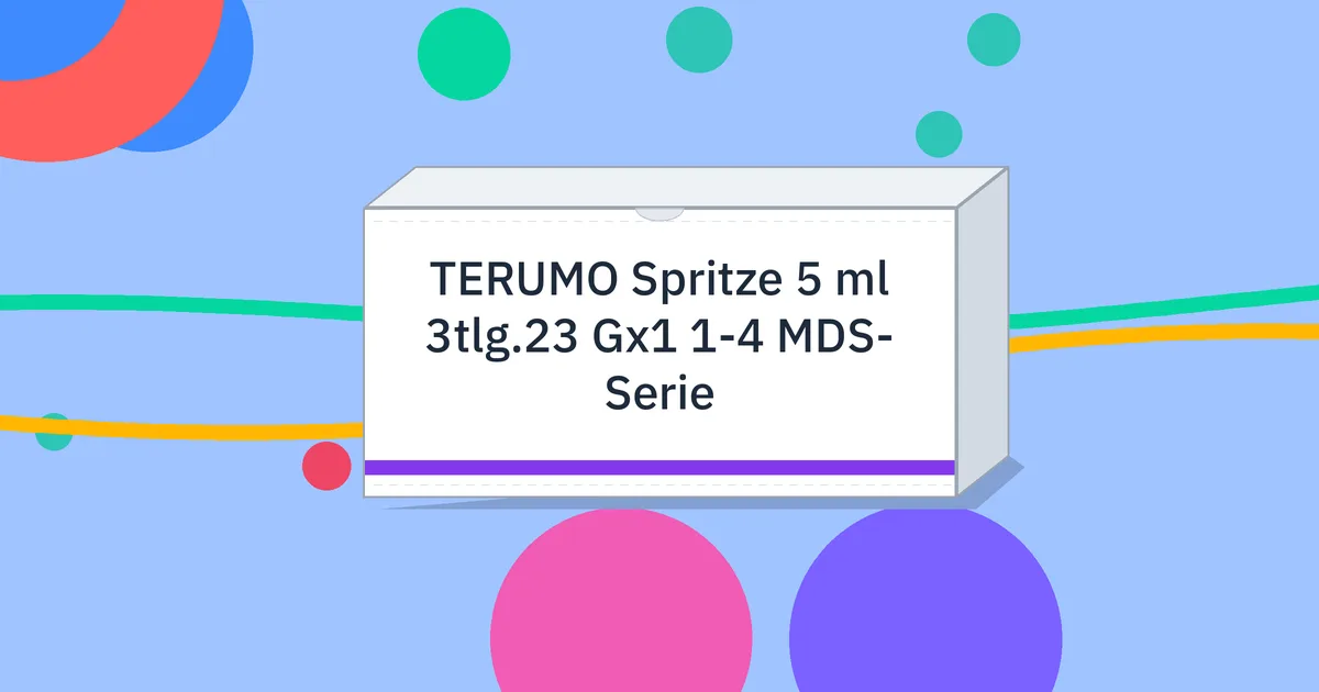 Symbolbild: Packung mit der Aufschrift TERUMO Spritze 5 ml 3tlg.23 Gx1 1-4 MDS-Serie (PZN 17630998) – Verfügbarkeit und Bezug in Apotheken in Frankfurt am Main