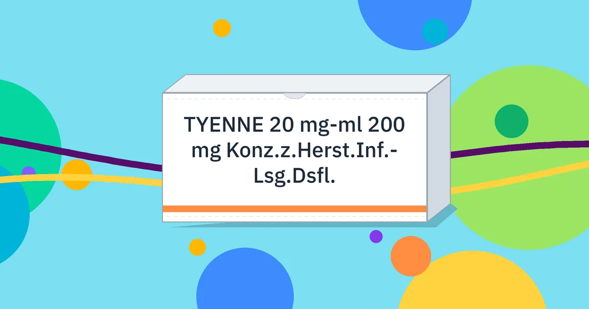 Symbolbild: Packung mit der Aufschrift TYENNE 20 mg-ml 200 mg Konz.z.Herst.Inf.-Lsg.Dsfl. (PZN 19836103) – Verfügbarkeit und Bezug in Apotheken in Frankfurt am Main