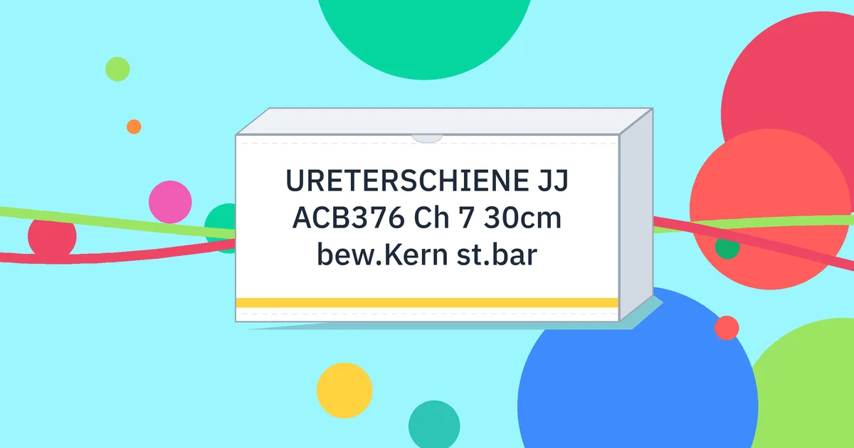 Symbolbild: Packung mit der Aufschrift URETERSCHIENE JJ ACB376 Ch 7 30cm bew.Kern st.bar (PZN 00752444) – Verfügbarkeit und Bezug in Apotheken in Frankfurt am Main