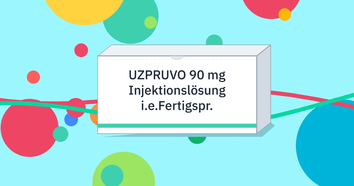 Symbolbild: Packung mit der Aufschrift UZPRUVO 90 mg Injektionslösung i.e.Fertigspr. (PZN 19720139) – Verfügbarkeit und Bezug in Apotheken in Frankfurt am Main