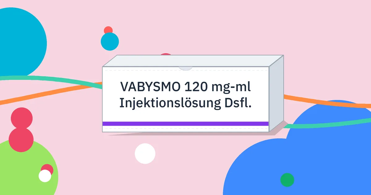 Symbolbild: Packung mit der Aufschrift VABYSMO 120 mg-ml Injektionslösung Dsfl. (PZN 19205785) – Verfügbarkeit und Bezug in Apotheken in Frankfurt am Main