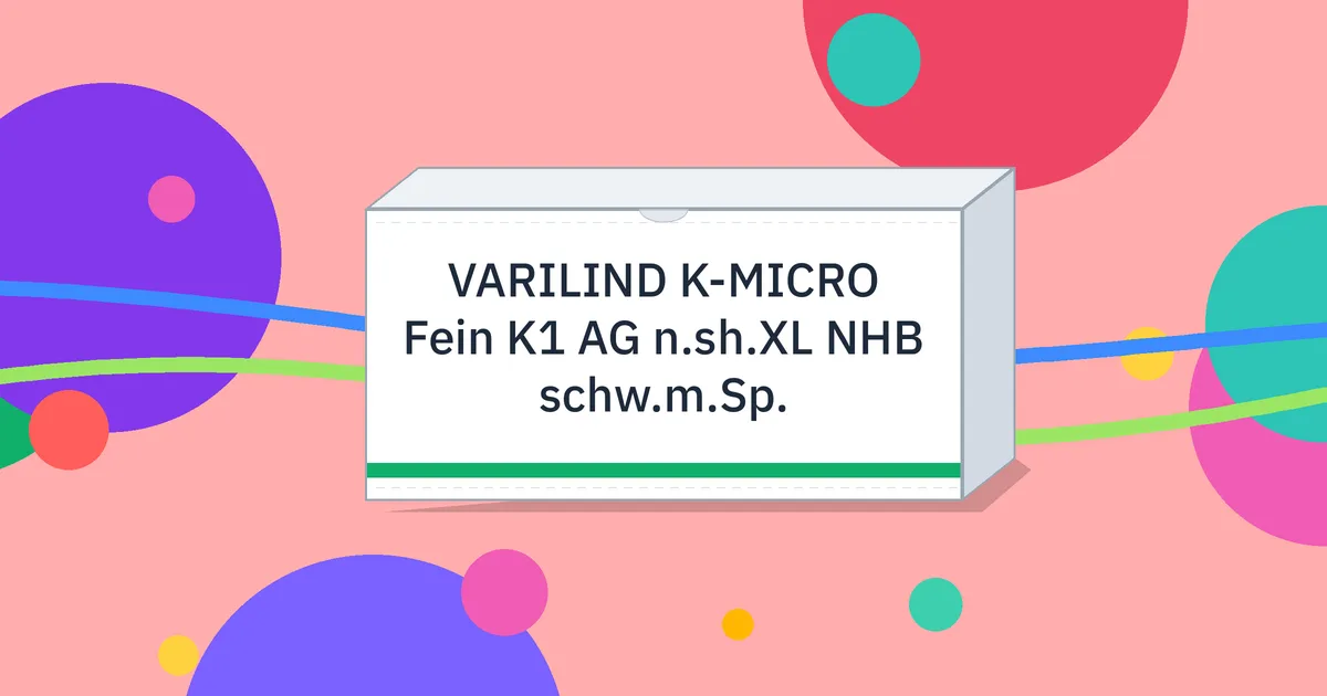 Symbolbild: Packung mit der Aufschrift VARILIND K-MICRO Fein K1 AG n.sh.XL NHB schw.m.Sp. (PZN 20555119) – Verfügbarkeit und Bezug in Apotheken in Frankfurt am Main
