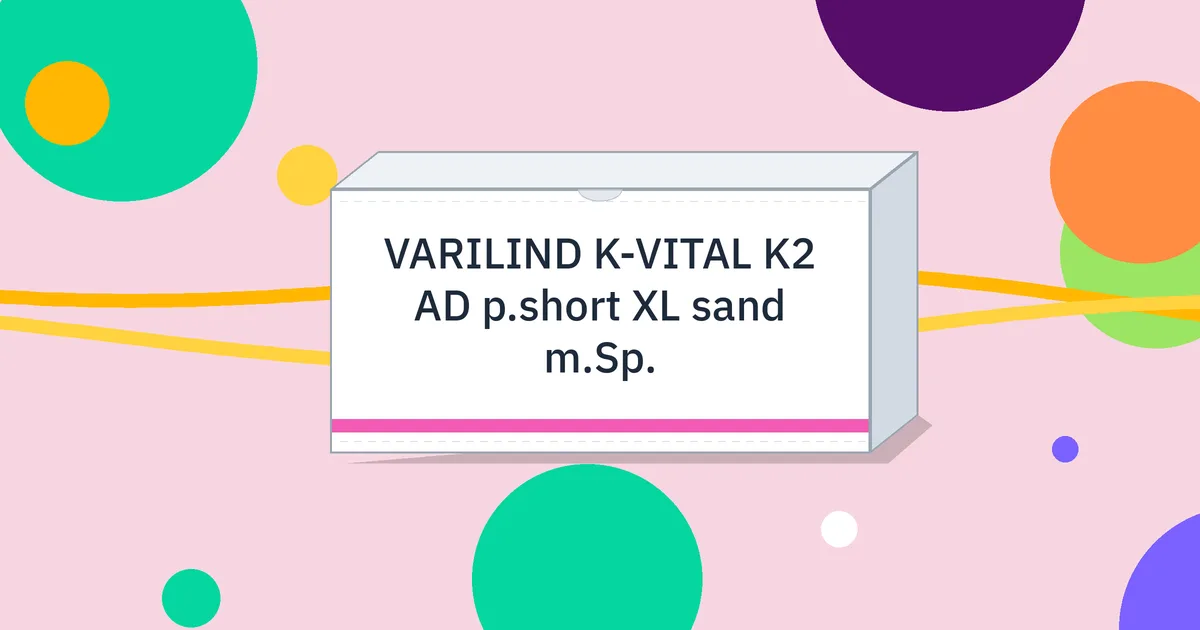 Symbolbild: Packung mit der Aufschrift VARILIND K-VITAL K2 AD p.short XL sand m.Sp. (PZN 20567482) – Verfügbarkeit und Bezug in Apotheken in Frankfurt am Main