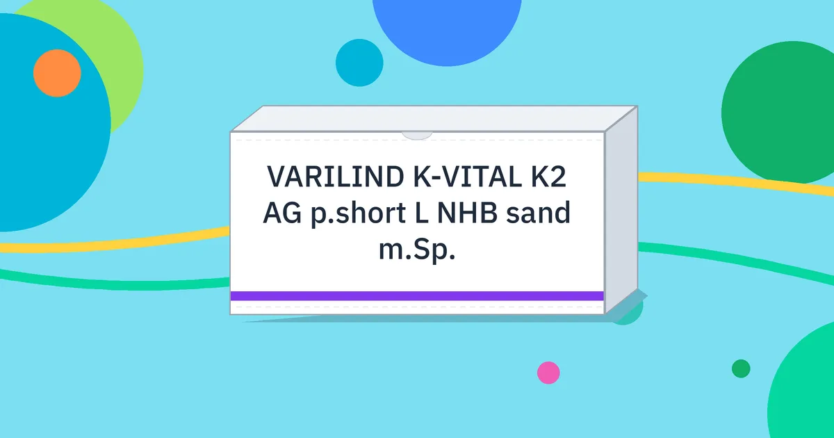Symbolbild: Packung mit der Aufschrift VARILIND K-VITAL K2 AG p.short L NHB sand m.Sp. (PZN 20564319) – Verfügbarkeit und Bezug in Apotheken in Frankfurt am Main