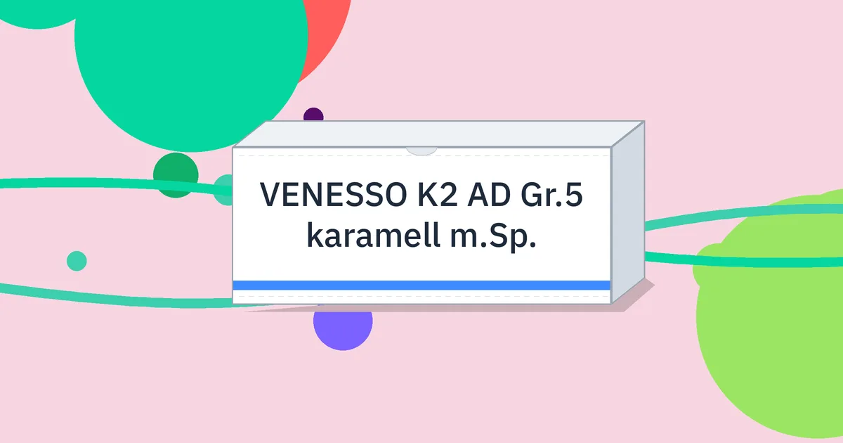Symbolbild: Packung mit der Aufschrift VENESSO K2 AD Gr.5 karamell m.Sp. (PZN 13758081) – Verfügbarkeit und Bezug in Apotheken in Frankfurt am Main