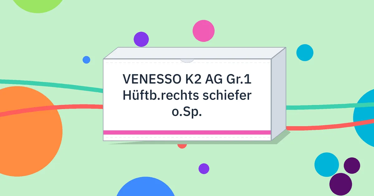 Symbolbild: Packung mit der Aufschrift VENESSO K2 AG Gr.1 Hüftb.rechts schiefer o.Sp. (PZN 03271633) – Verfügbarkeit und Bezug in Apotheken in Frankfurt am Main