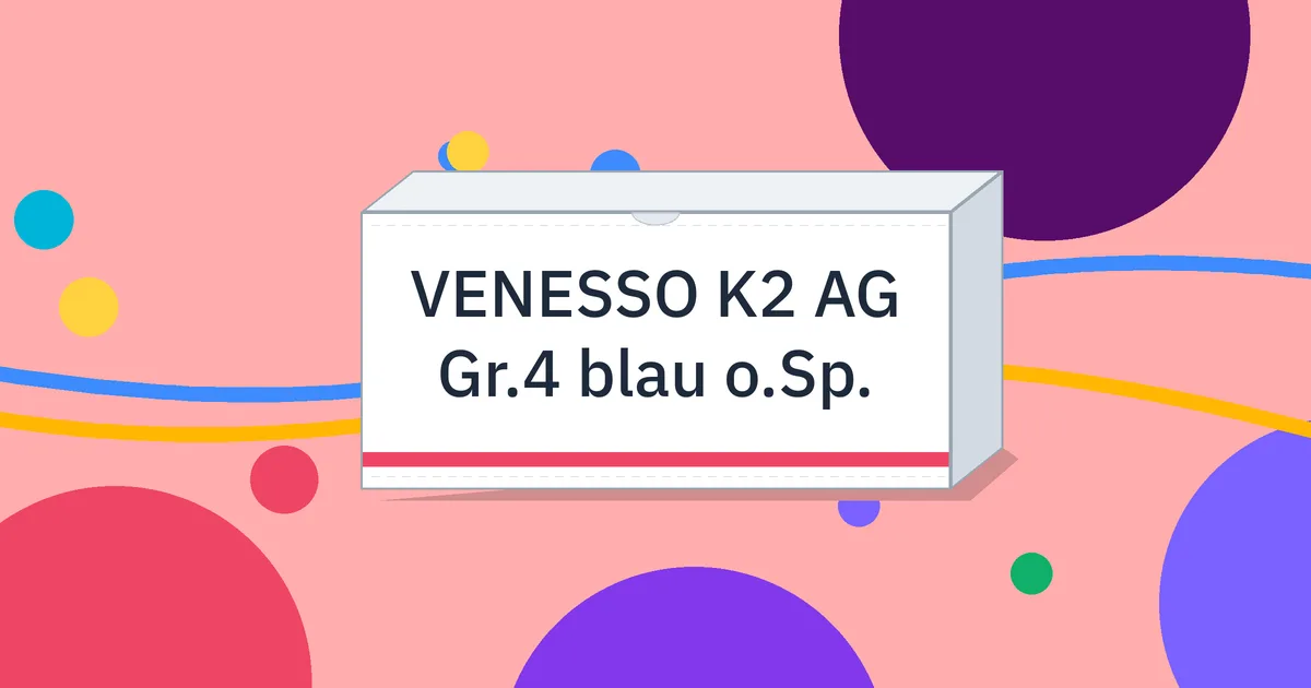 Symbolbild: Packung mit der Aufschrift VENESSO K2 AG Gr.4 blau o.Sp. (PZN 03280543) – Verfügbarkeit und Bezug in Apotheken in Frankfurt am Main
