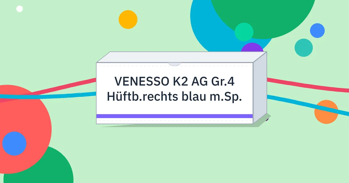 Symbolbild: Packung mit der Aufschrift VENESSO K2 AG Gr.4 Hüftb.rechts blau m.Sp. (PZN 03274293) – Verfügbarkeit und Bezug in Apotheken in Frankfurt am Main