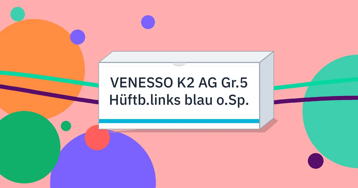 Symbolbild: Packung mit der Aufschrift VENESSO K2 AG Gr.5 Hüftb.links blau o.Sp. (PZN 03269866) – Verfügbarkeit und Bezug in Apotheken in Frankfurt am Main