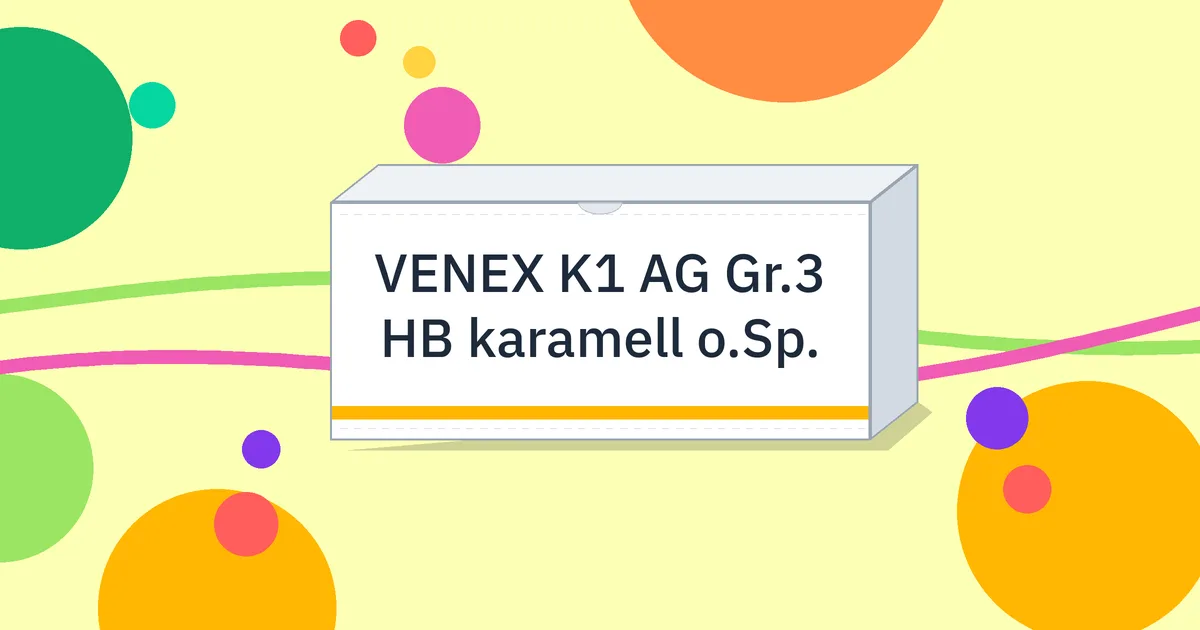 Symbolbild: Packung mit der Aufschrift VENEX K1 AG Gr.3 HB karamell o.Sp. (PZN 13757638) – Verfügbarkeit und Bezug in Apotheken in Frankfurt am Main