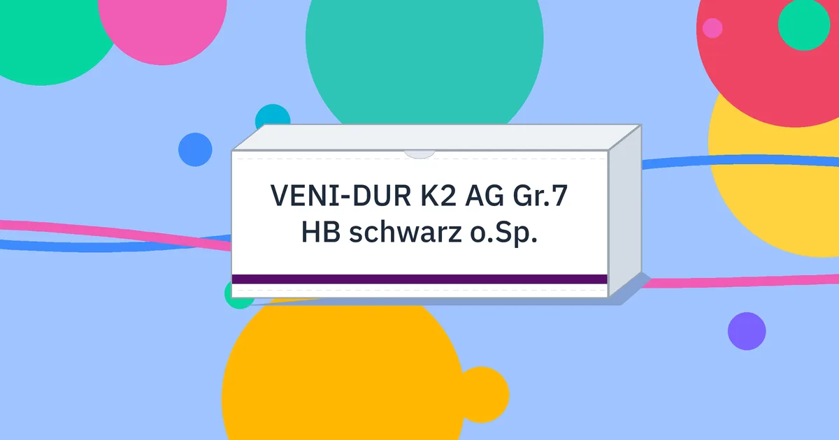 Symbolbild: Packung mit der Aufschrift VENI-DUR K2 AG Gr.7 HB schwarz o.Sp. (PZN 03245268) – Verfügbarkeit und Bezug in Apotheken in Frankfurt am Main