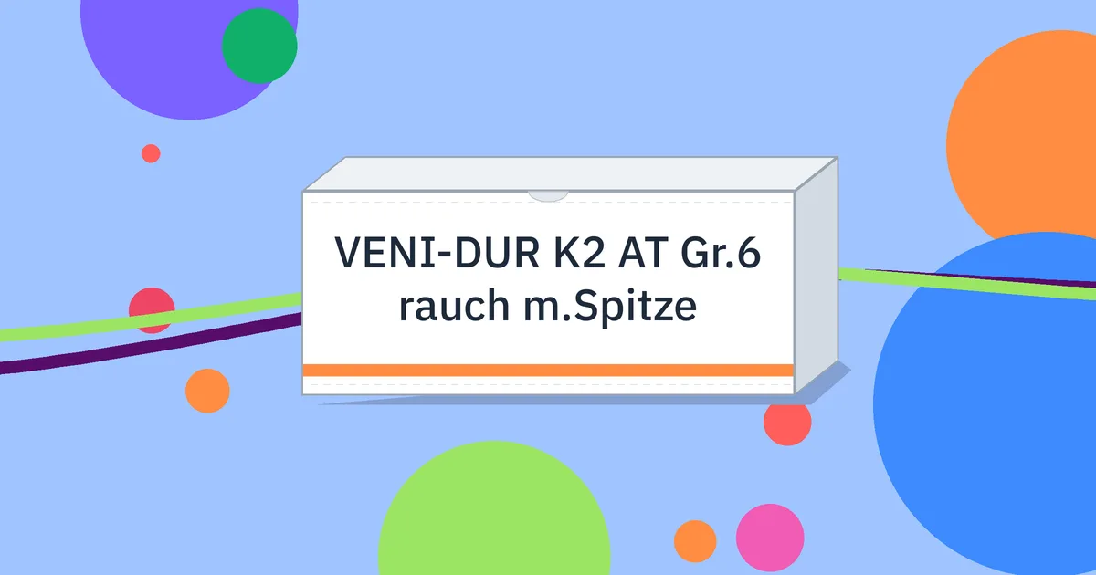 Symbolbild: Packung mit der Aufschrift VENI-DUR K2 AT Gr.6 rauch m.Spitze (PZN 08687829) – Verfügbarkeit und Bezug in Apotheken in Frankfurt am Main