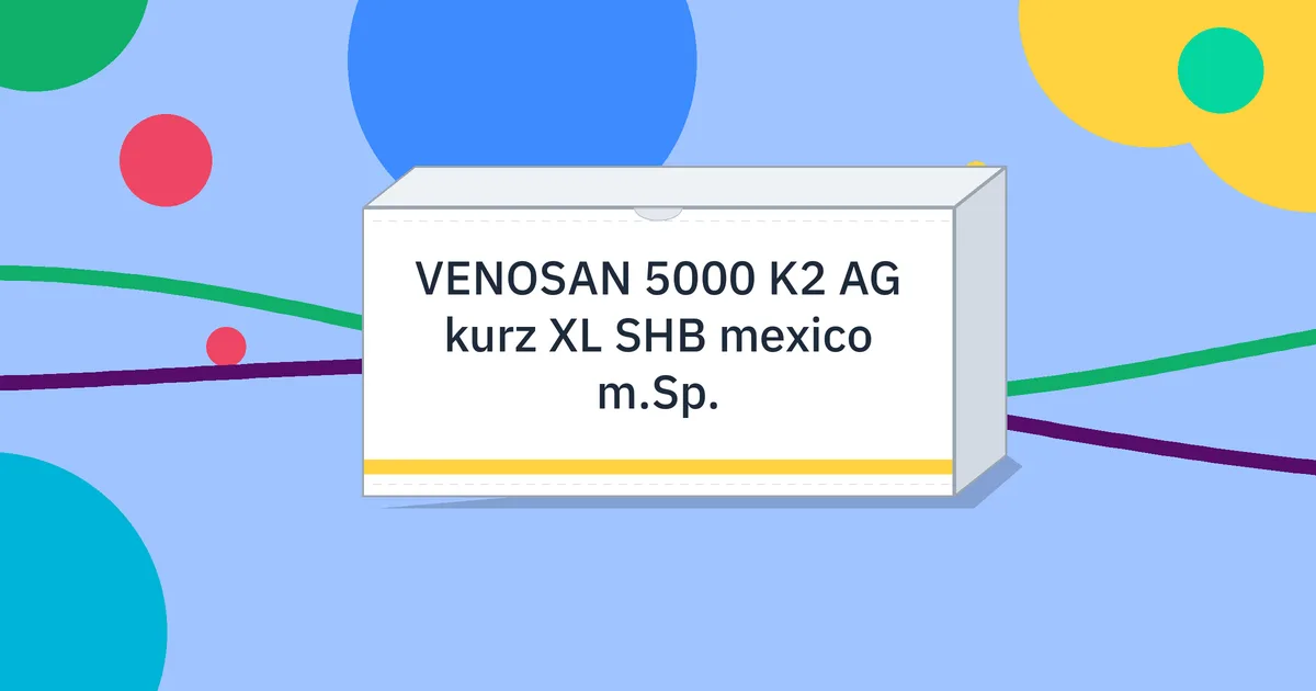 Symbolbild: Packung mit der Aufschrift VENOSAN 5000 K2 AG kurz XL SHB mexico m.Sp. (PZN 14430632) – Verfügbarkeit und Bezug in Apotheken in Frankfurt am Main