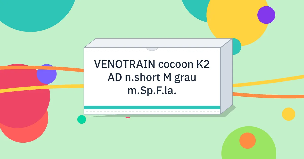 Symbolbild: Packung mit der Aufschrift VENOTRAIN cocoon K2 AD n.short M grau m.Sp.F.la. (PZN 19198708) – Verfügbarkeit und Bezug in Apotheken in Frankfurt am Main