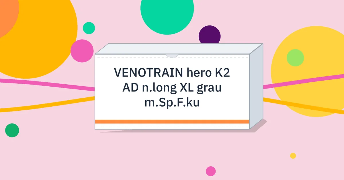 Symbolbild: Packung mit der Aufschrift VENOTRAIN hero K2 AD n.long XL grau m.Sp.F.ku (PZN 19190227) – Verfügbarkeit und Bezug in Apotheken in Frankfurt am Main