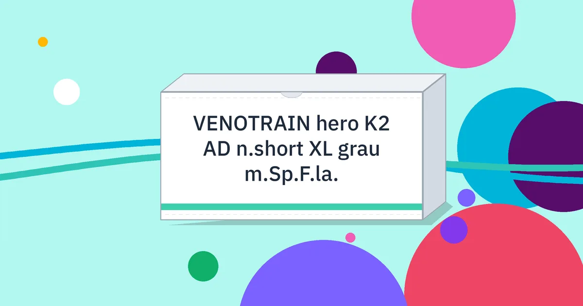 Symbolbild: Packung mit der Aufschrift VENOTRAIN hero K2 AD n.short XL grau m.Sp.F.la. (PZN 19190463) – Verfügbarkeit und Bezug in Apotheken in Frankfurt am Main