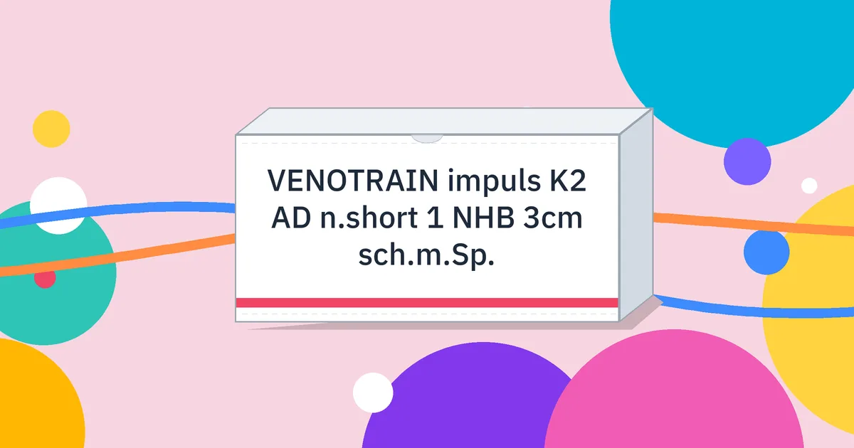 Symbolbild: Packung mit der Aufschrift VENOTRAIN impuls K2 AD n.short 1 NHB 3cm sch.m.Sp. (PZN 00649918) – Verfügbarkeit und Bezug in Apotheken in Frankfurt am Main