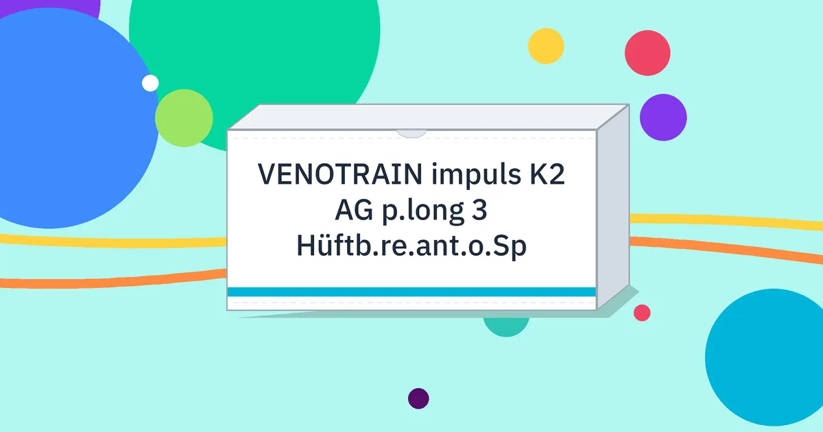 Symbolbild: Packung mit der Aufschrift VENOTRAIN impuls K2 AG p.long 3 Hüftb.re.ant.o.Sp (PZN 15217478) – Verfügbarkeit und Bezug in Apotheken in Frankfurt am Main