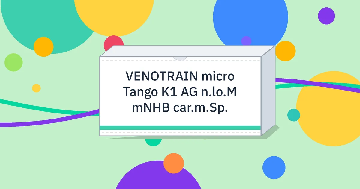 Symbolbild: Packung mit der Aufschrift VENOTRAIN micro Tango K1 AG n.lo.M mNHB car.m.Sp. (PZN 17758267) – Verfügbarkeit und Bezug in Apotheken in Frankfurt am Main