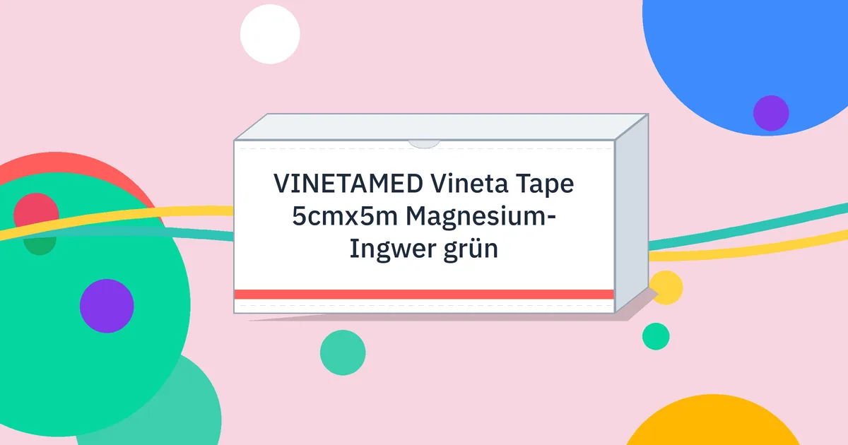 Symbolbild: Packung mit der Aufschrift VINETAMED Vineta Tape 5cmx5m Magnesium-Ingwer grün (PZN 19488613) – Verfügbarkeit und Bezug in Apotheken in Frankfurt am Main