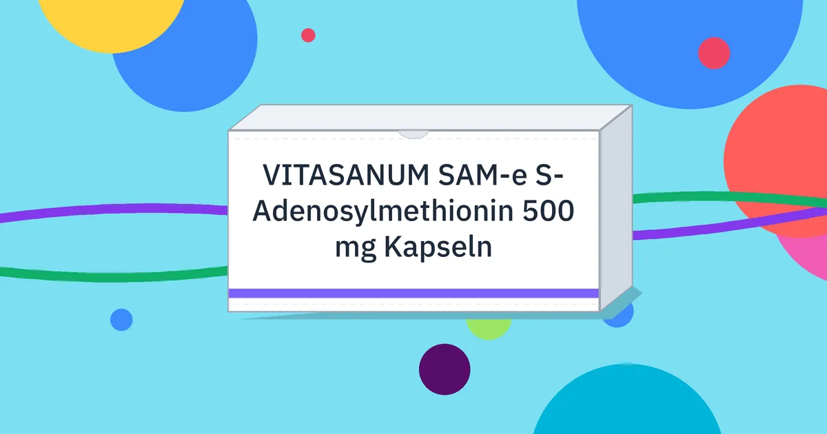 Symbolbild: Packung mit der Aufschrift VITASANUM SAM-e S-Adenosylmethionin 500 mg Kapseln (PZN 19723652) – Verfügbarkeit und Bezug in Apotheken in Frankfurt am Main