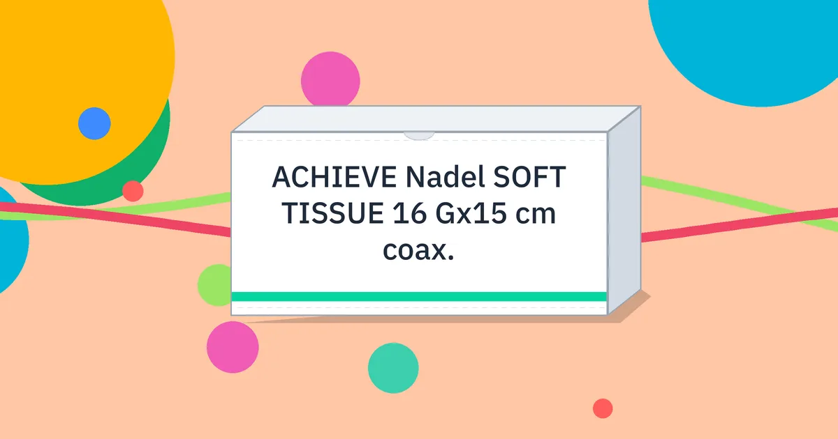 Symbolbild: Packung mit der Aufschrift ACHIEVE Nadel SOFT TISSUE 16 Gx15 cm coax. (PZN 18763661) – Verfügbarkeit und Bezug in Apotheken in Frankfurt am Main