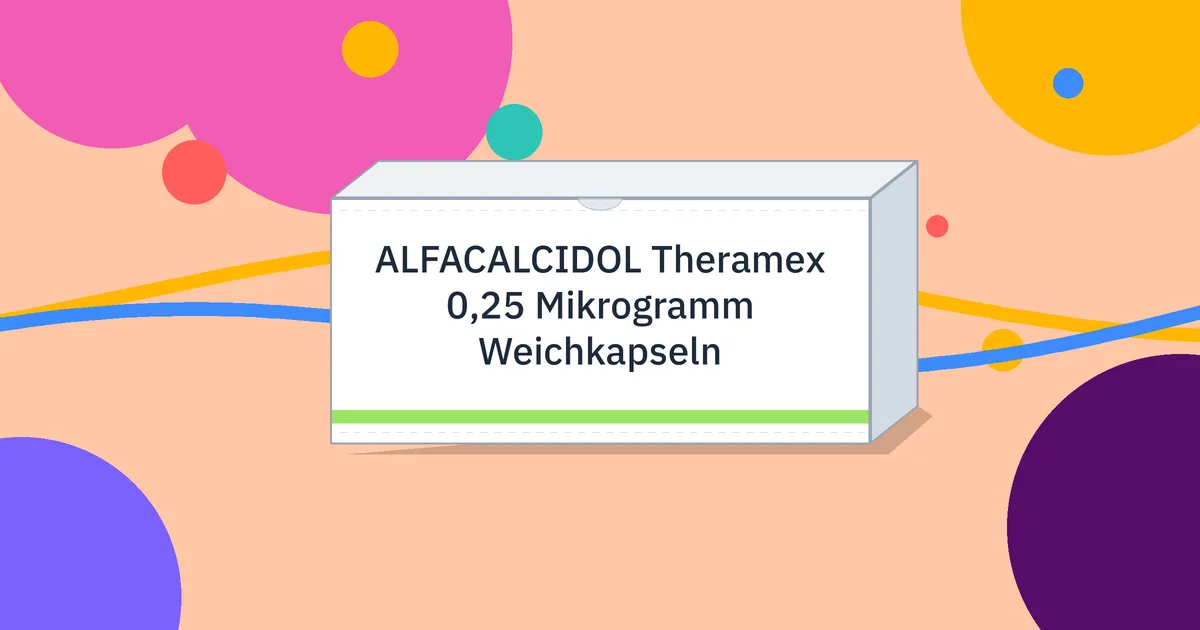 Symbolbild: Packung mit der Aufschrift ALFACALCIDOL Theramex 0,25 Mikrogramm Weichkapseln (PZN 17841904) – Verfügbarkeit und Bezug in Apotheken in Frankfurt am Main
