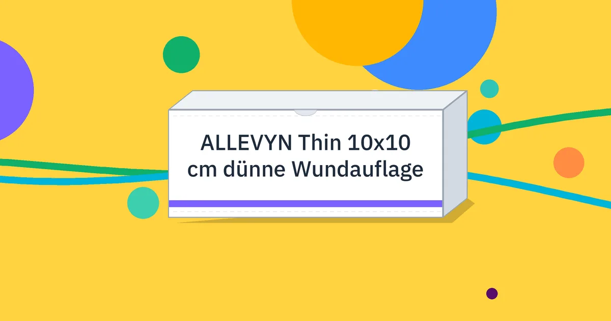 Symbolbild: Packung mit der Aufschrift ALLEVYN Thin 10x10 cm dünne Wundauflage (PZN 07495335) – Verfügbarkeit und Bezug in Apotheken in Frankfurt am Main