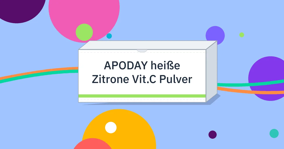 Symbolbild: Packung mit der Aufschrift APODAY heiße Zitrone Vit.C Pulver (PZN 04821030) – Verfügbarkeit und Bezug in Apotheken in Frankfurt am Main