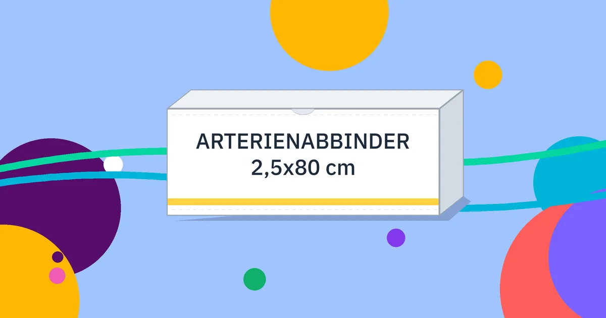 Symbolbild: Packung mit der Aufschrift ARTERIENABBINDER 2,5x80 cm (PZN 01723930) – Verfügbarkeit und Bezug in Apotheken in Frankfurt am Main