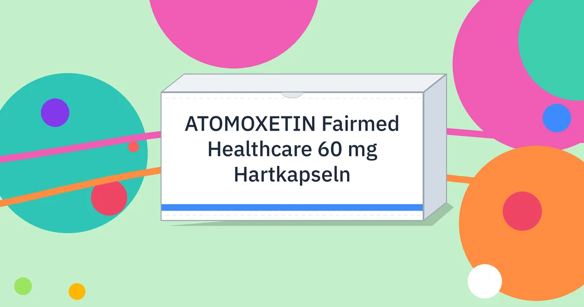 Symbolbild: Packung mit der Aufschrift ATOMOXETIN Fairmed Healthcare 60 mg Hartkapseln (PZN 16581565) – Verfügbarkeit und Bezug in Apotheken in Frankfurt am Main