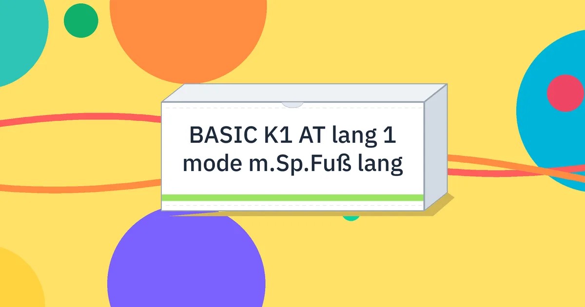 Symbolbild: Packung mit der Aufschrift BASIC K1 AT lang 1 mode m.Sp.Fuß lang (PZN 20262239) – Verfügbarkeit und Bezug in Apotheken in Frankfurt am Main