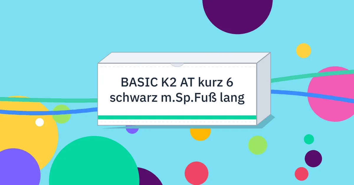 Symbolbild: Packung mit der Aufschrift BASIC K2 AT kurz 6 schwarz m.Sp.Fuß lang (PZN 20269827) – Verfügbarkeit und Bezug in Apotheken in Frankfurt am Main