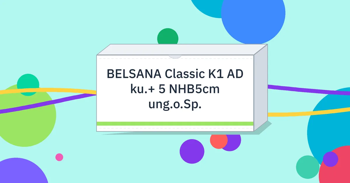 Symbolbild: Packung mit der Aufschrift BELSANA Classic K1 AD ku.+ 5 NHB5cm ung.o.Sp. (PZN 19256937) – Verfügbarkeit und Bezug in Apotheken in Frankfurt am Main