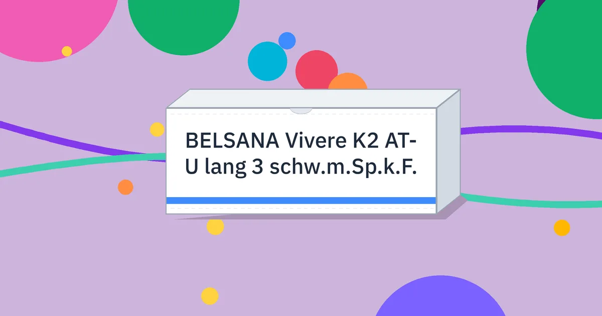 Symbolbild: Packung mit der Aufschrift BELSANA Vivere K2 AT-U lang 3 schw.m.Sp.k.F. (PZN 08537426) – Verfügbarkeit und Bezug in Apotheken in Frankfurt am Main